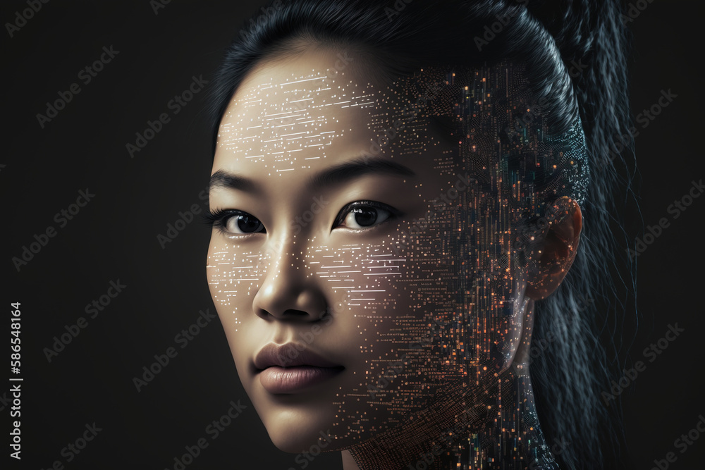 Asian female digital avatar face with programming code on skin isolated ...