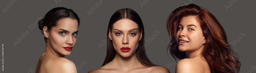 Portraits of beautiful young women with well-kept healthy skin posing ...