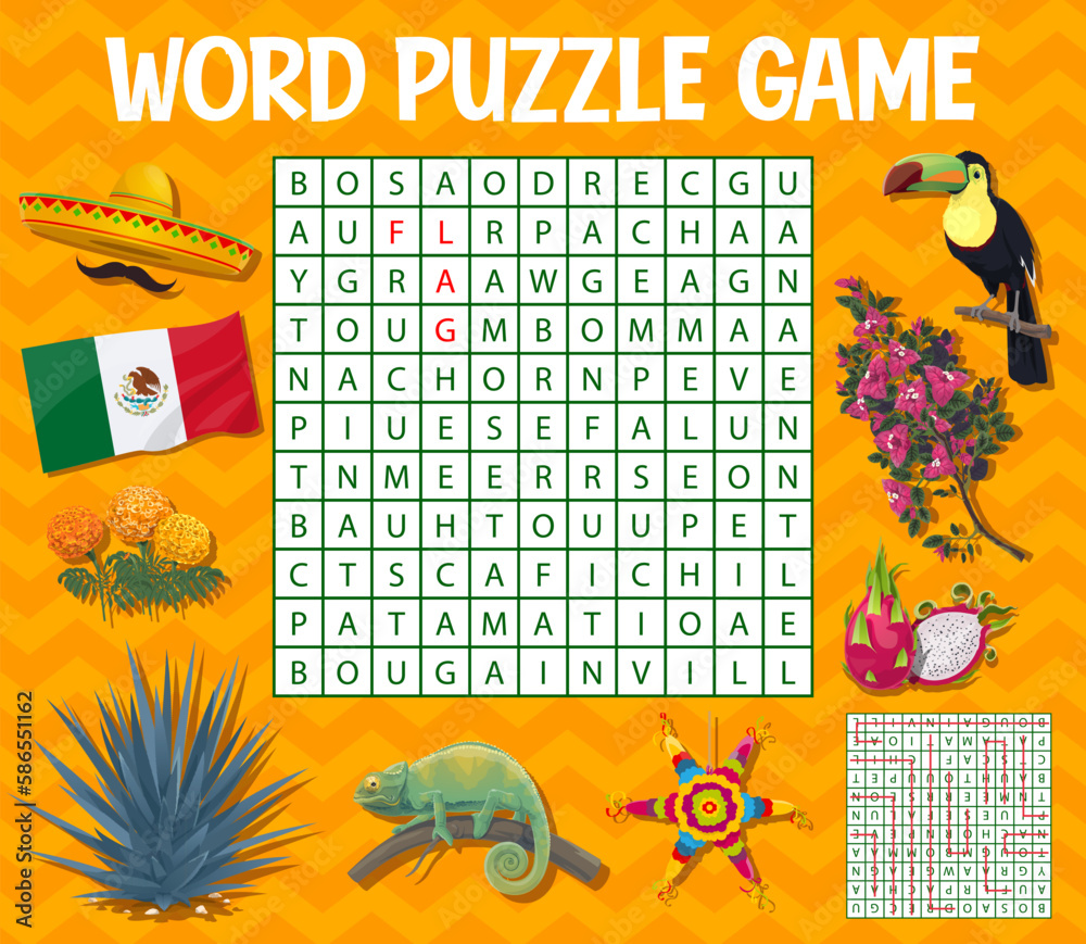 Mexican food, animals and symbols, word search puzzle game, vector ...