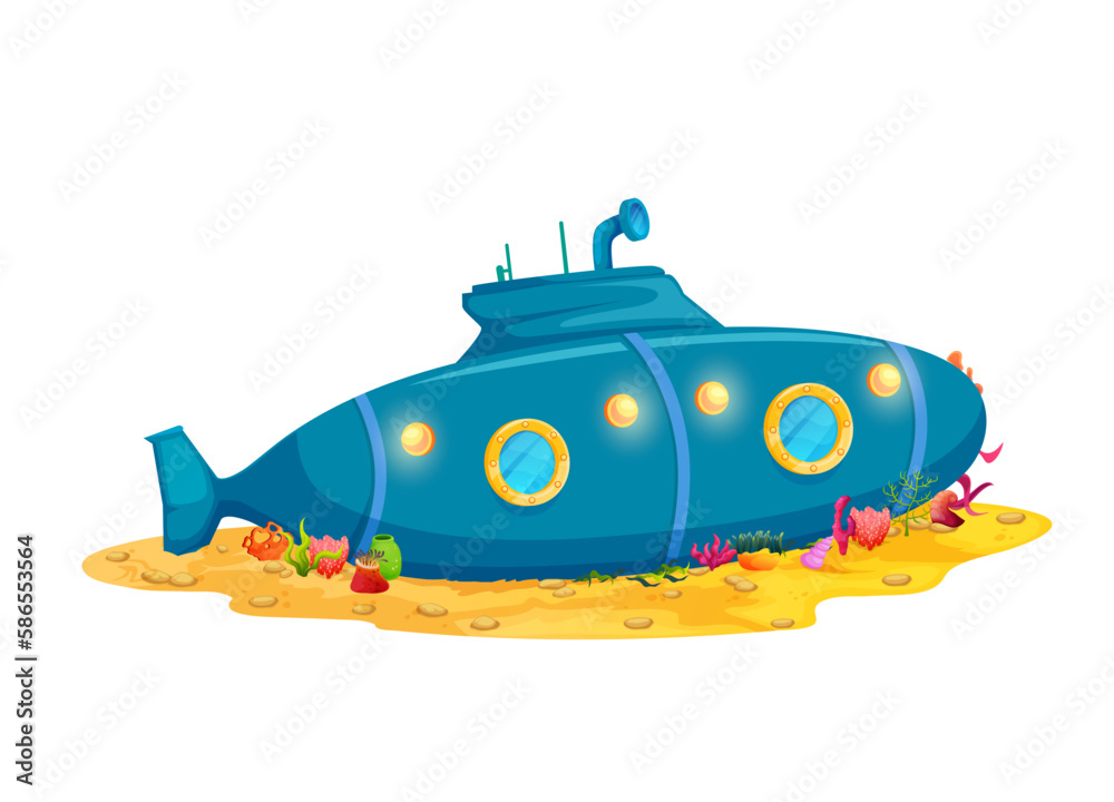 Cartoon submarine ship, underwater house building in bathyscaphe boat ...
