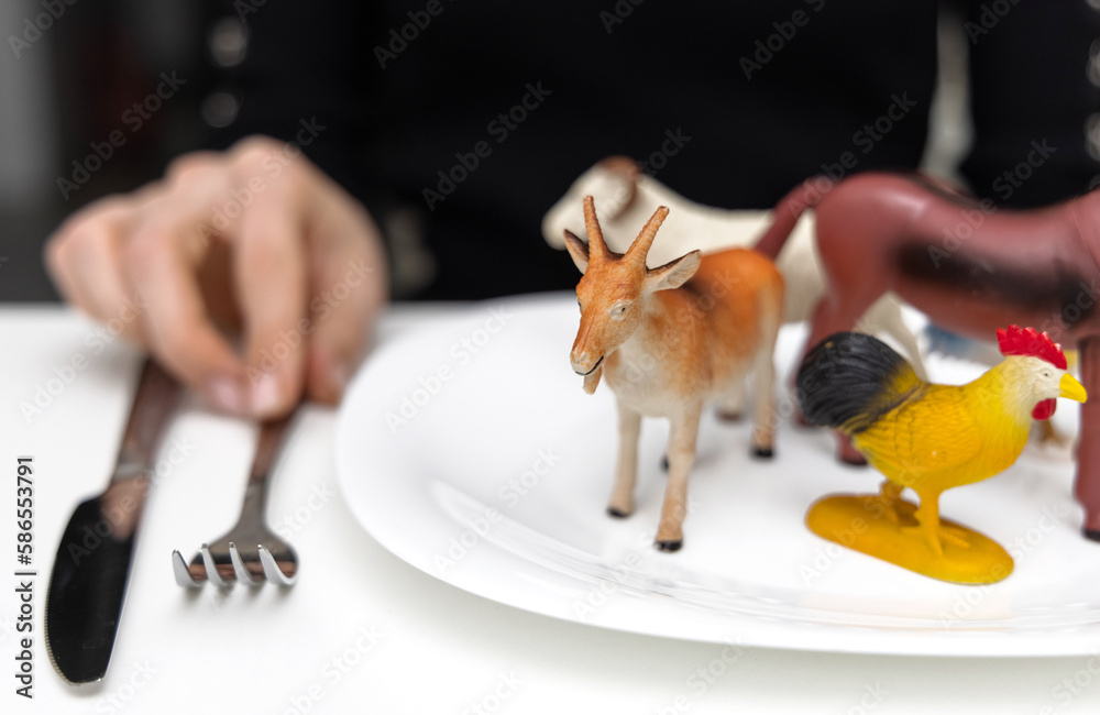 farm animals plastic toys in white plate and woman female hands holding ...