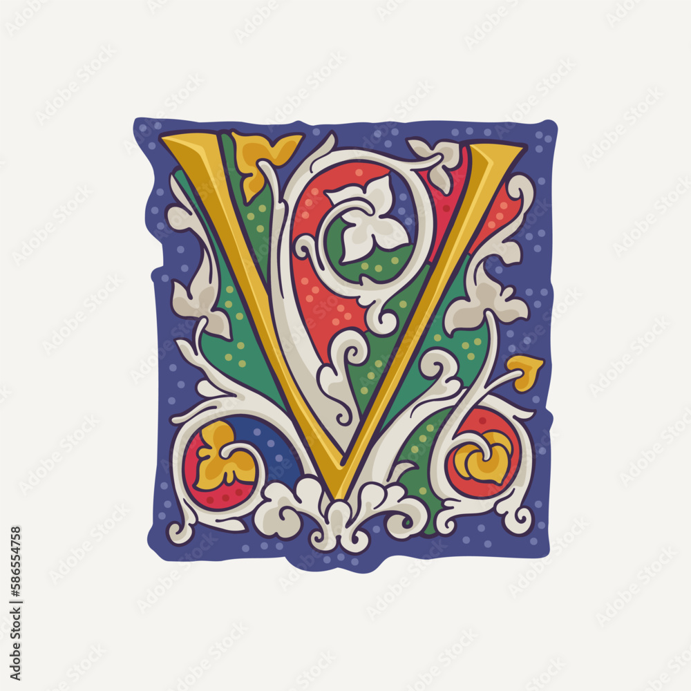V letter drop cap logo with interlaced white vine and gilding ...