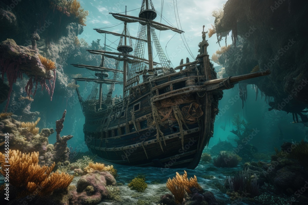 Illustration of deteriorated pirate ship on the bottom of the ocean ...