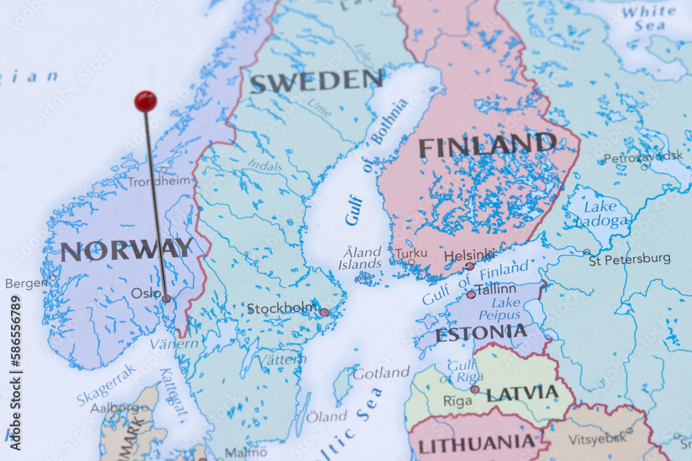 Oslo, Norway, capital city of Norway, pinned on political map, Warsaw ...