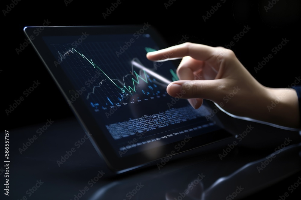 Tablet illustration with chart on screen, human hand, data analysis ...