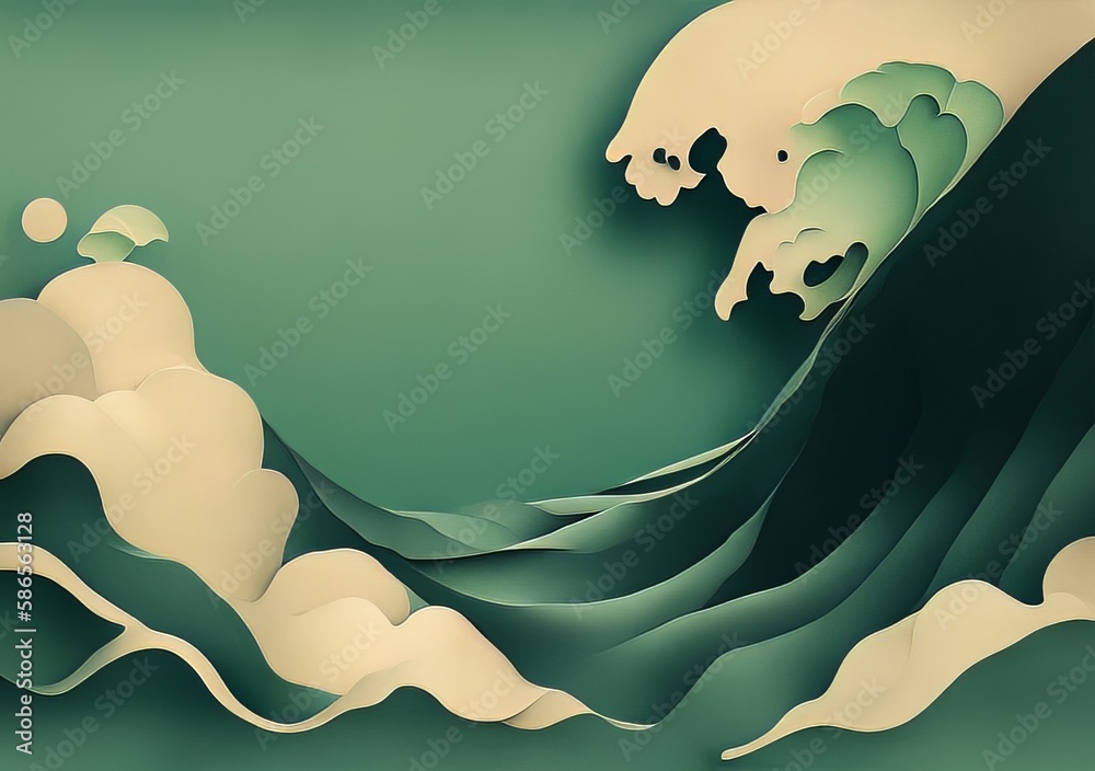 Dynamic wave in dark green, the texture of Japanese paper modern retro ...