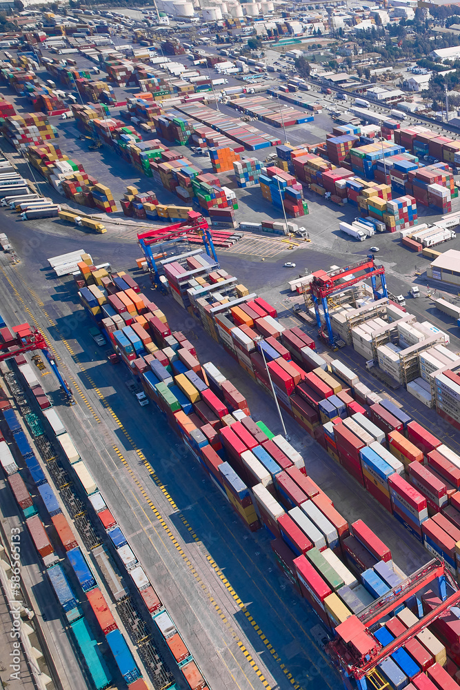 Stacked cargo containers aerial view. Containers at logistics terminal ...