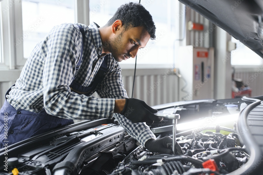 Indian car mechanic standing and working in service station. Car ...