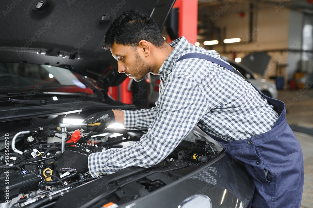 Indian car mechanic standing and working in service station. Car ...
