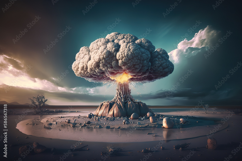 Nuclear bomb explosion over a city. Massive destruction. Third world war. Mushroom clouds after ...