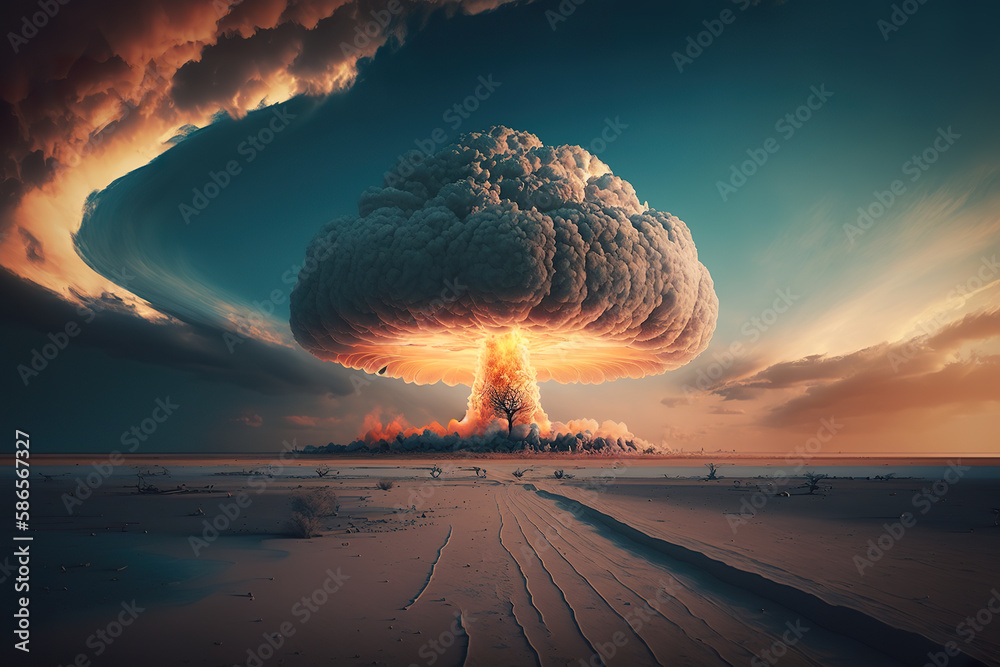 Nuclear bomb explosion over a city. Massive destruction. Third world war. Mushroom clouds after ...