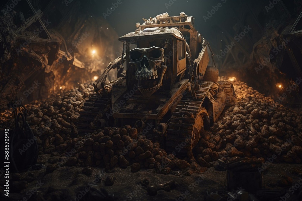 Old bulldozer and pile of skulls. Apocalypse and hell concept. 3d ...