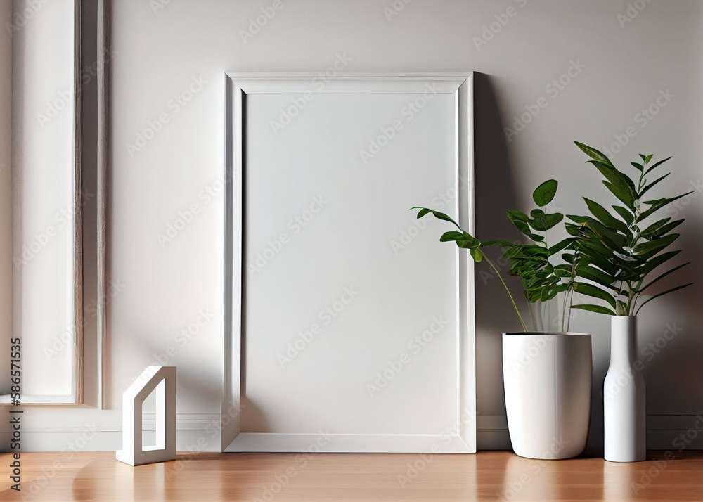 Portrait empty frame mockup with modern ceramic vase, dry grass in ...