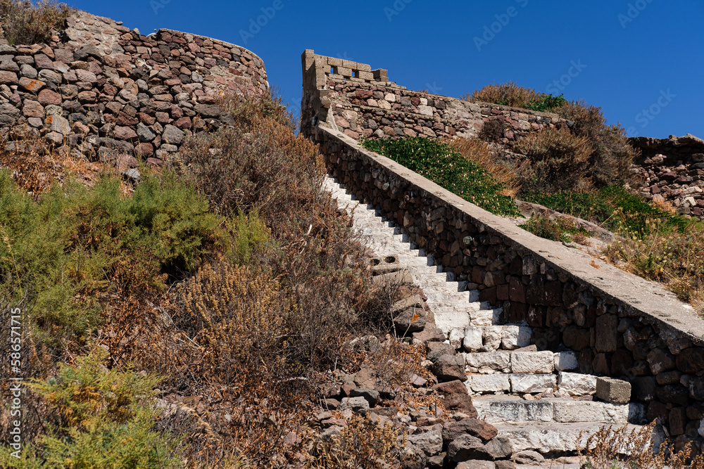 ancient medieval venetian castle stone stairs way, rock walls ...