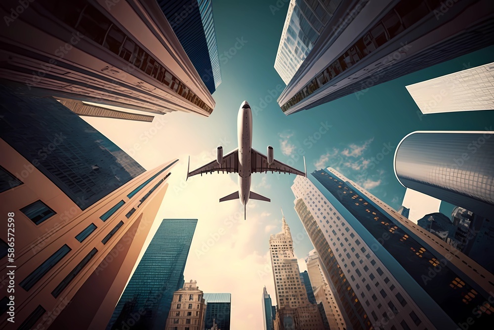Airplane flying into the crossair of high rise glass reflection ...