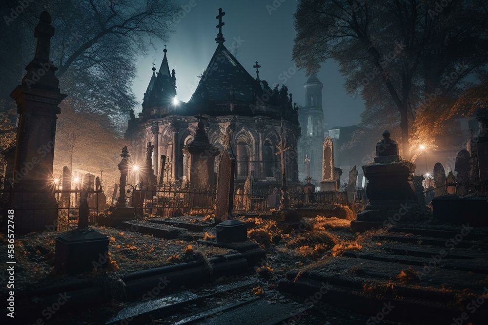 Magical night scene with gothic architecture cemetery, concept art ...