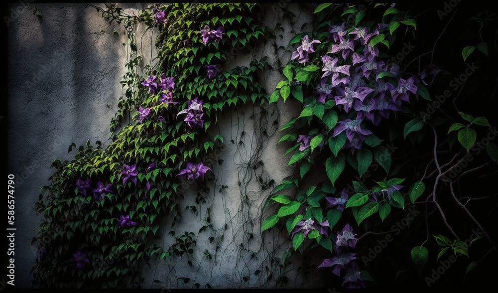 a wall covered in vines and flowers next to a wall covered in vines and ...