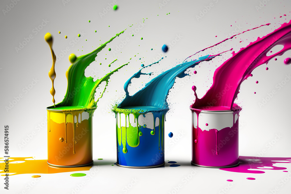 Paint cans splashes on white background. Paint cans splashing RGB ...