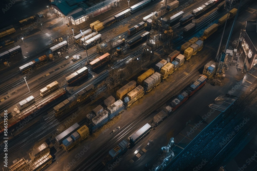 Overhead view of a busy train station with trains arriving and ...