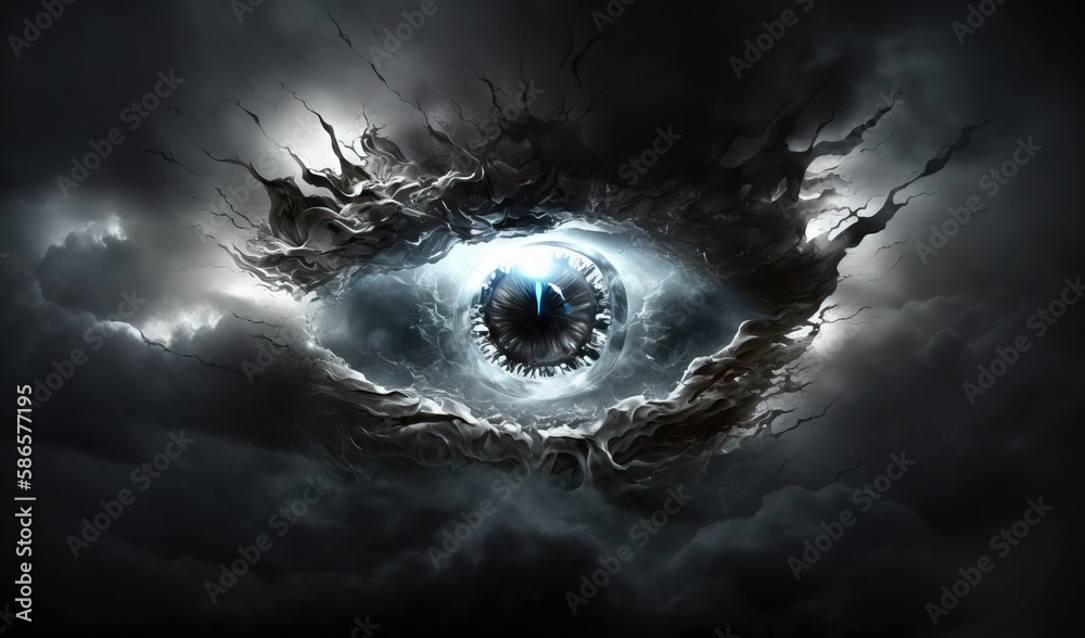an eyeball is shown in the middle of a dark sky with clouds and clouds ...