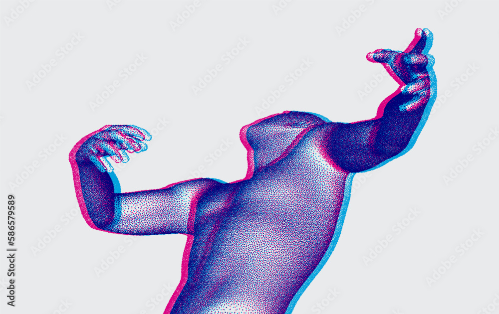 3D human body model composed of particles. The man going to swoon. A ...