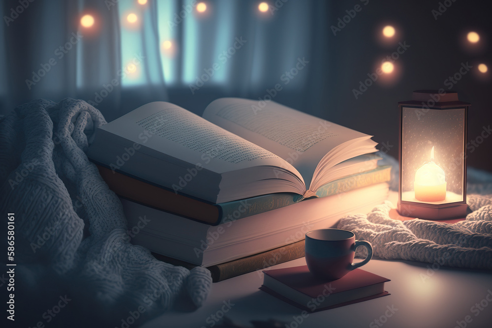 Cozy night apartment with open book and cup of beverage. Reading time ...