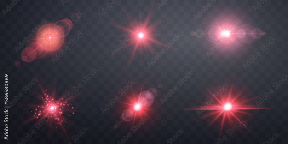 Red lens flares set. Isolated on transparent background. Sun flash with ...