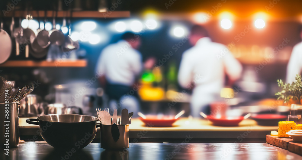 Professional restaurant kitchen with blurred cook on backdrop. Indoor ...