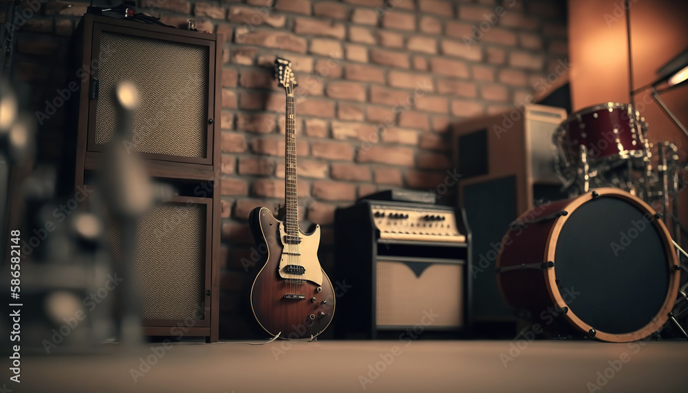 Rehearsal studio room with drum kit. Music repetition base. Indoor ...