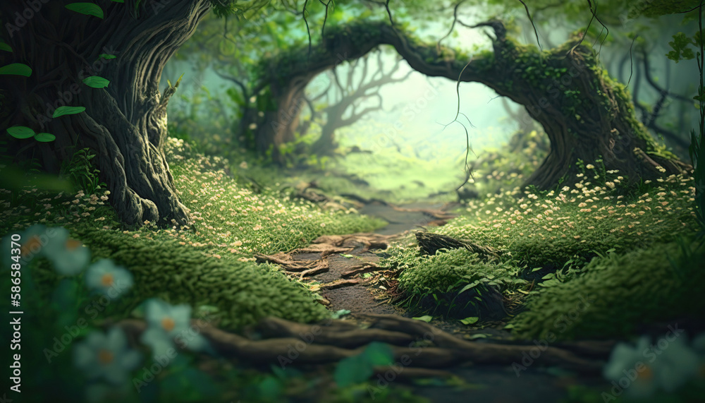 Beautiful fantasy dense forest landscape with old growth trees and ...