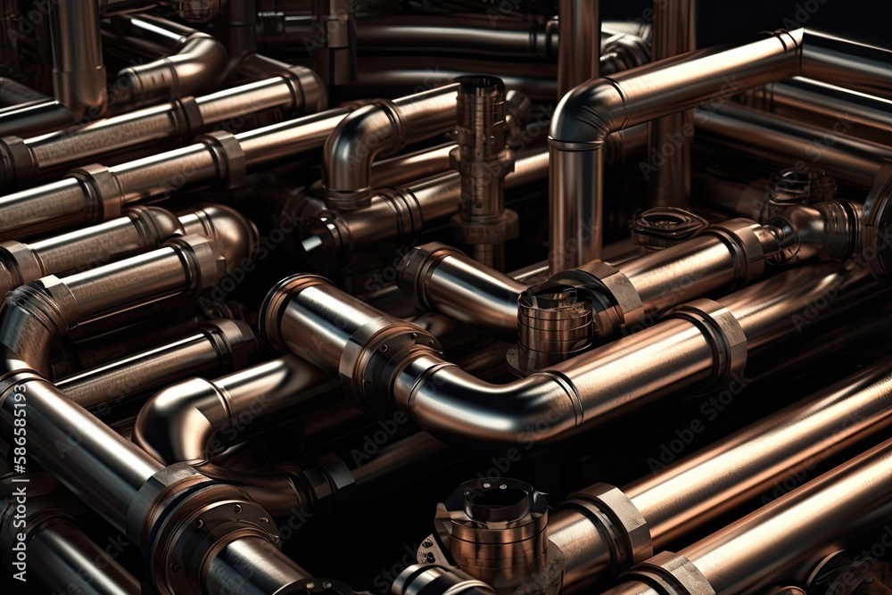 complex network of metal pipes and fittings. Generative AI Stock ...
