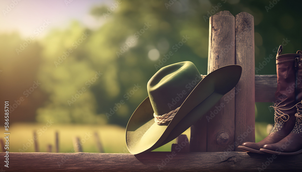 Rural background with close up cowboy hat. Rustic outdoor backdrop. AI ...