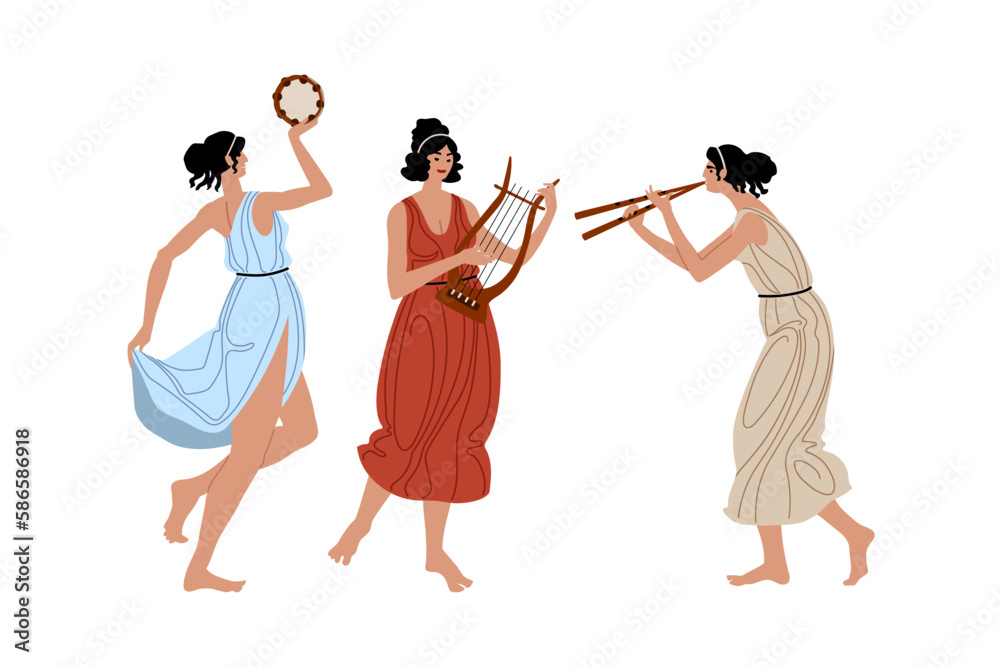 Ancient Greek musicians. Dancing muses. Color vector illustration ...