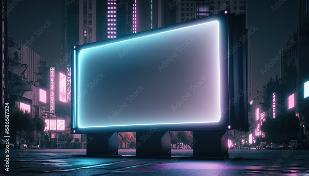 Bright neon lit billboard with empty clean copy space. Night big city ...