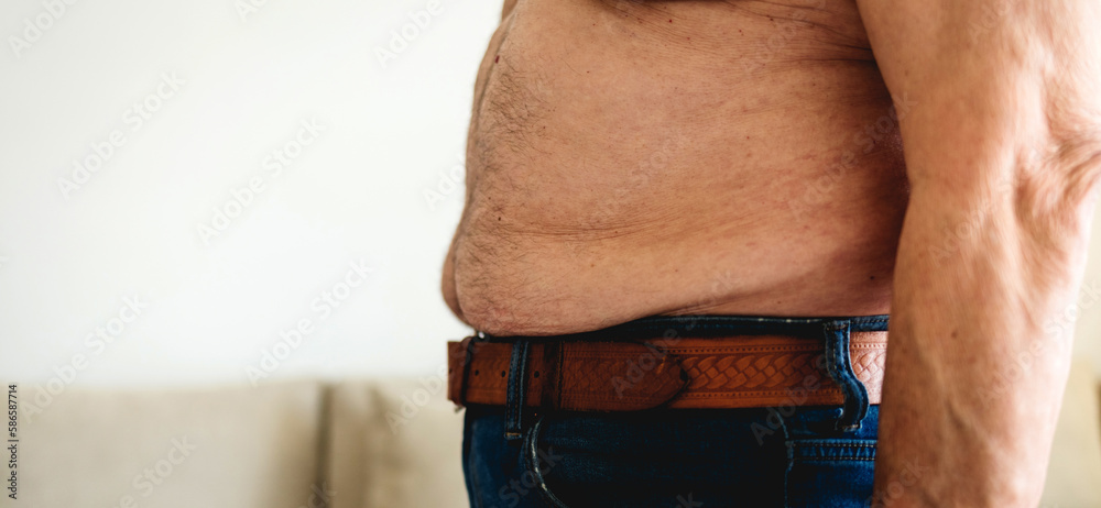 Fat man with a big belly. Fat mature man cellulite belly unhealthy eat ...