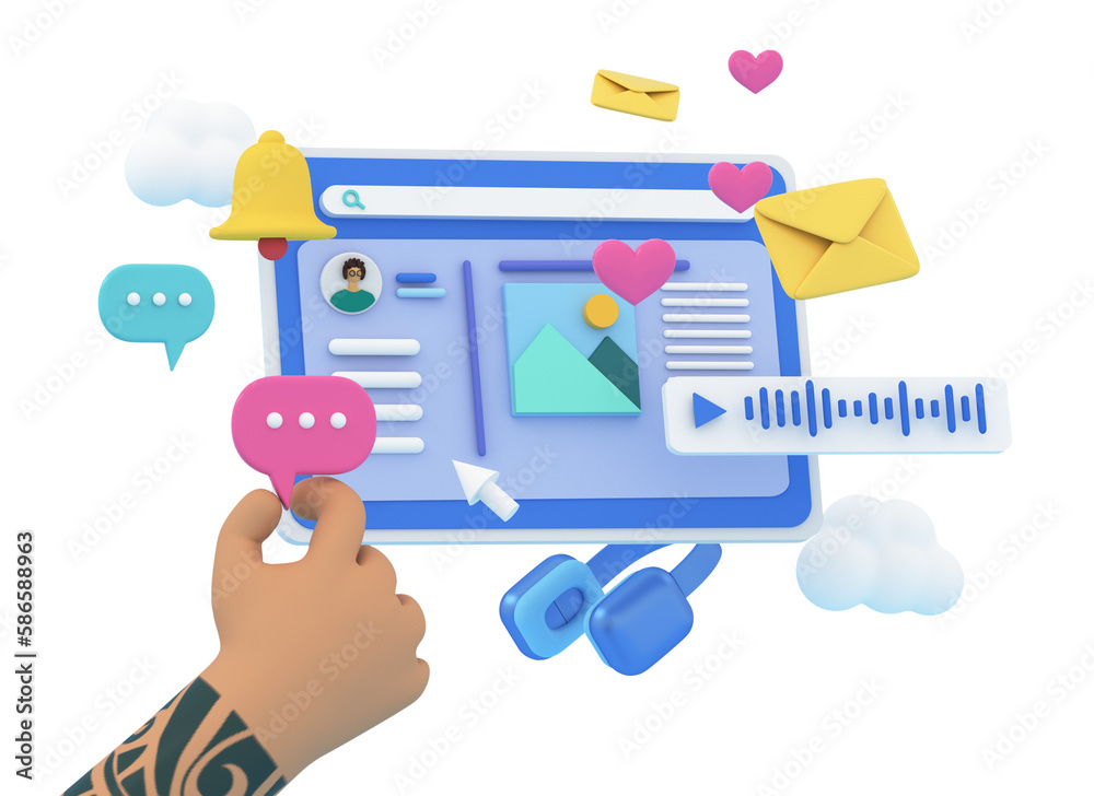 3d social media communication concept image. Human hand holding speech ...