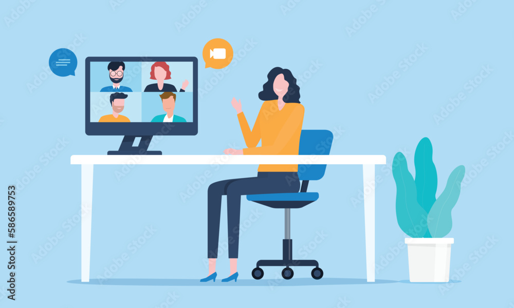 flat vector business smart working with online video meeting conference ...