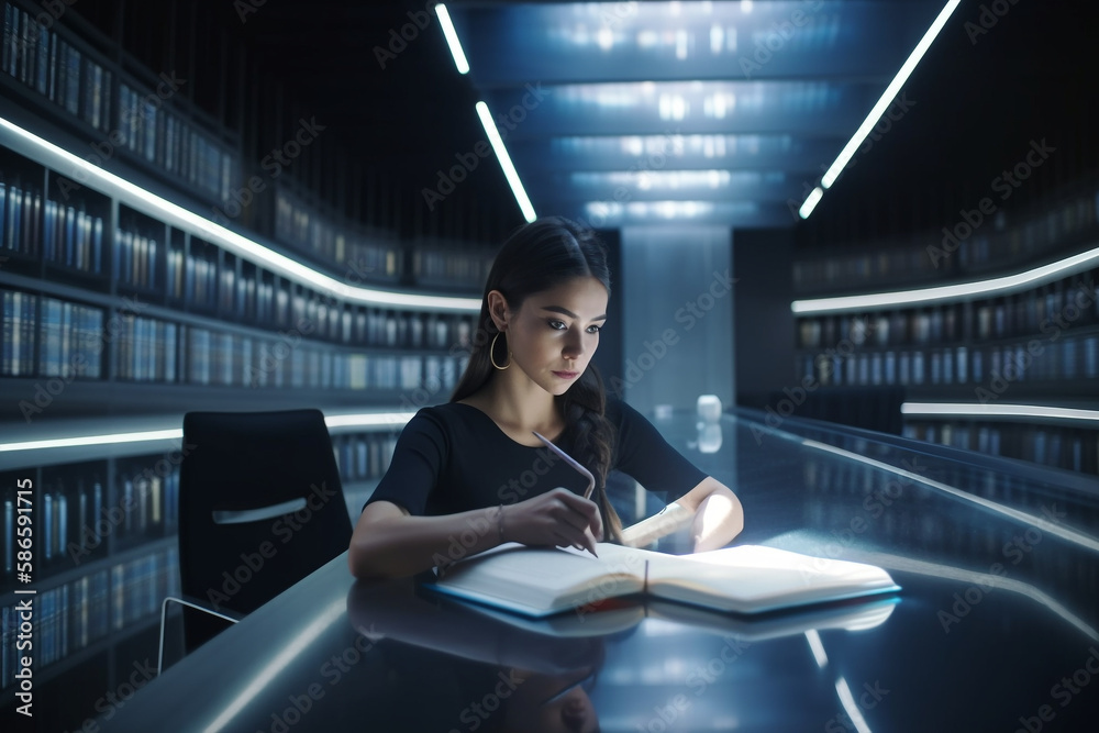 Generative ai young college student studying in futuristic library Stock Illustration | Adobe Stock