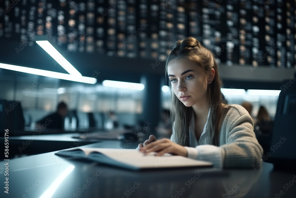 Generative ai young college student studying in futuristic library ...
