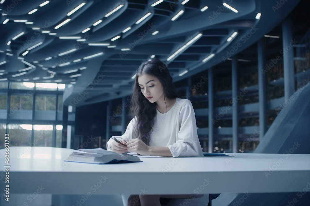 Generative ai young college student studying in futuristic library ...