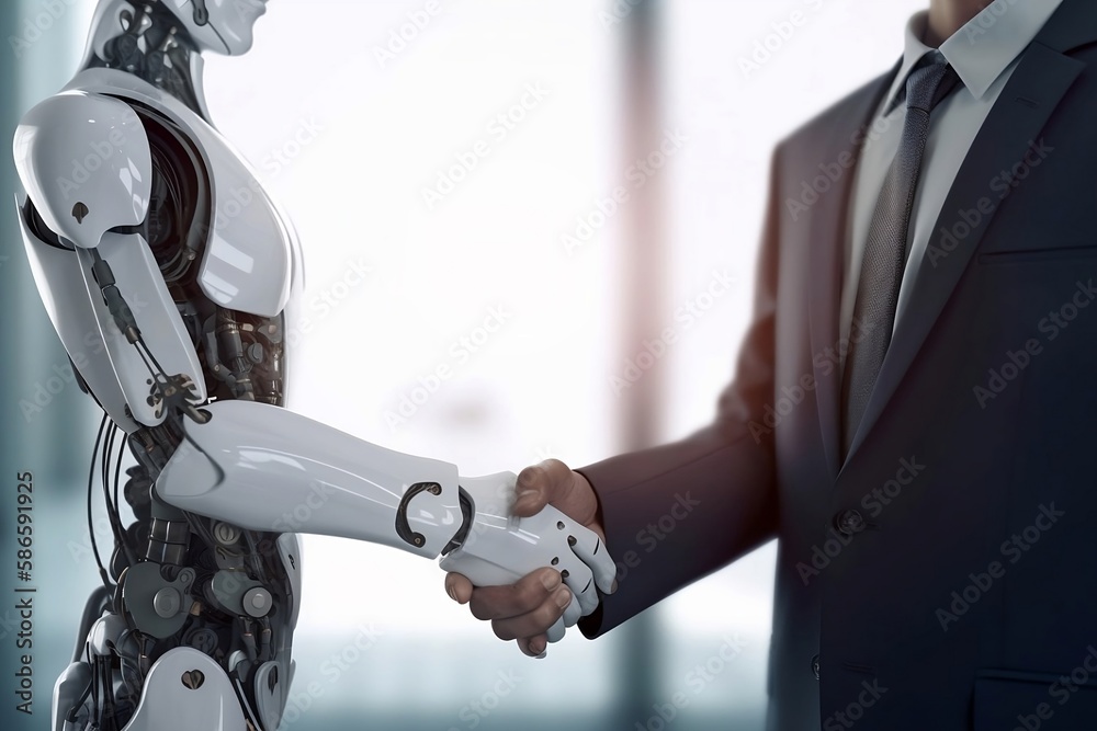 Artificial intelligence, AI, humanoid robot shaking hands with professional in modern office ...