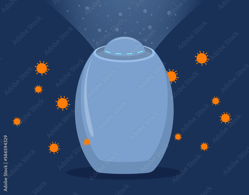 Air purifier and yellow virus particles vector illustration. Cartoon ...