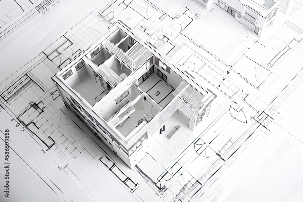 Architectural plan on white paper. Technical project of living room ...