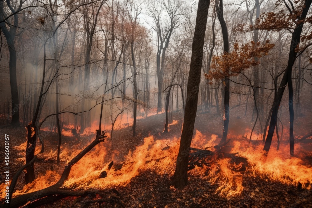 A forest in a wildfire and dense smoke. Dangerous fire in a jungle with ...