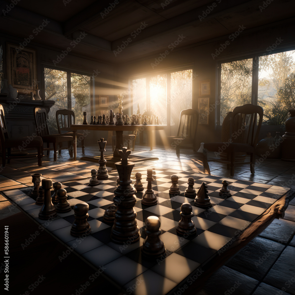 Spacious room with chess boards on the floor and on the table. Chess figures in the rays of sun ...