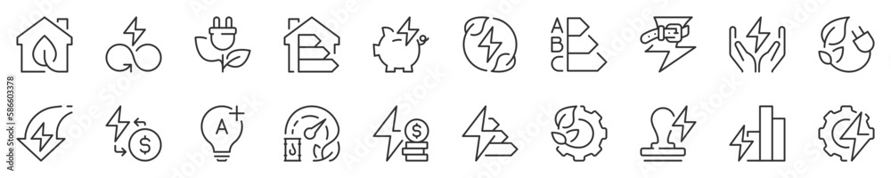 Line icons about energy efficiency and saving. Sustainable development ...