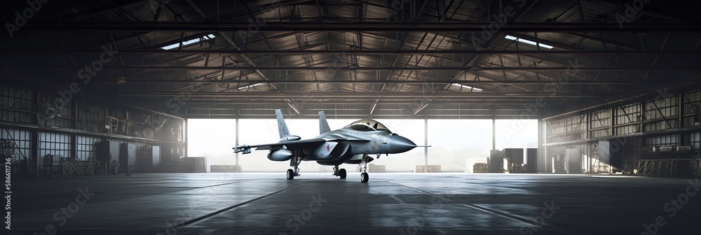 Wide Banner of Military Fighter Jet in Hangar Stock Illustration ...