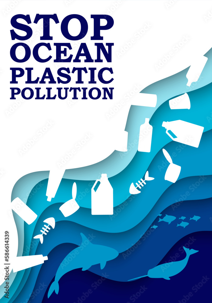Stop Ocean Plastic Pollution Banner Design Template In Paper Cut Style