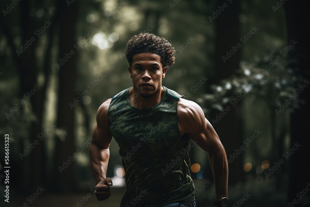 Runner African American young man running in the public park ...