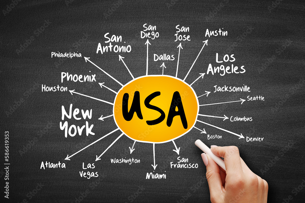 USA cities mind map flowchart, travel business concept on blackboard ...